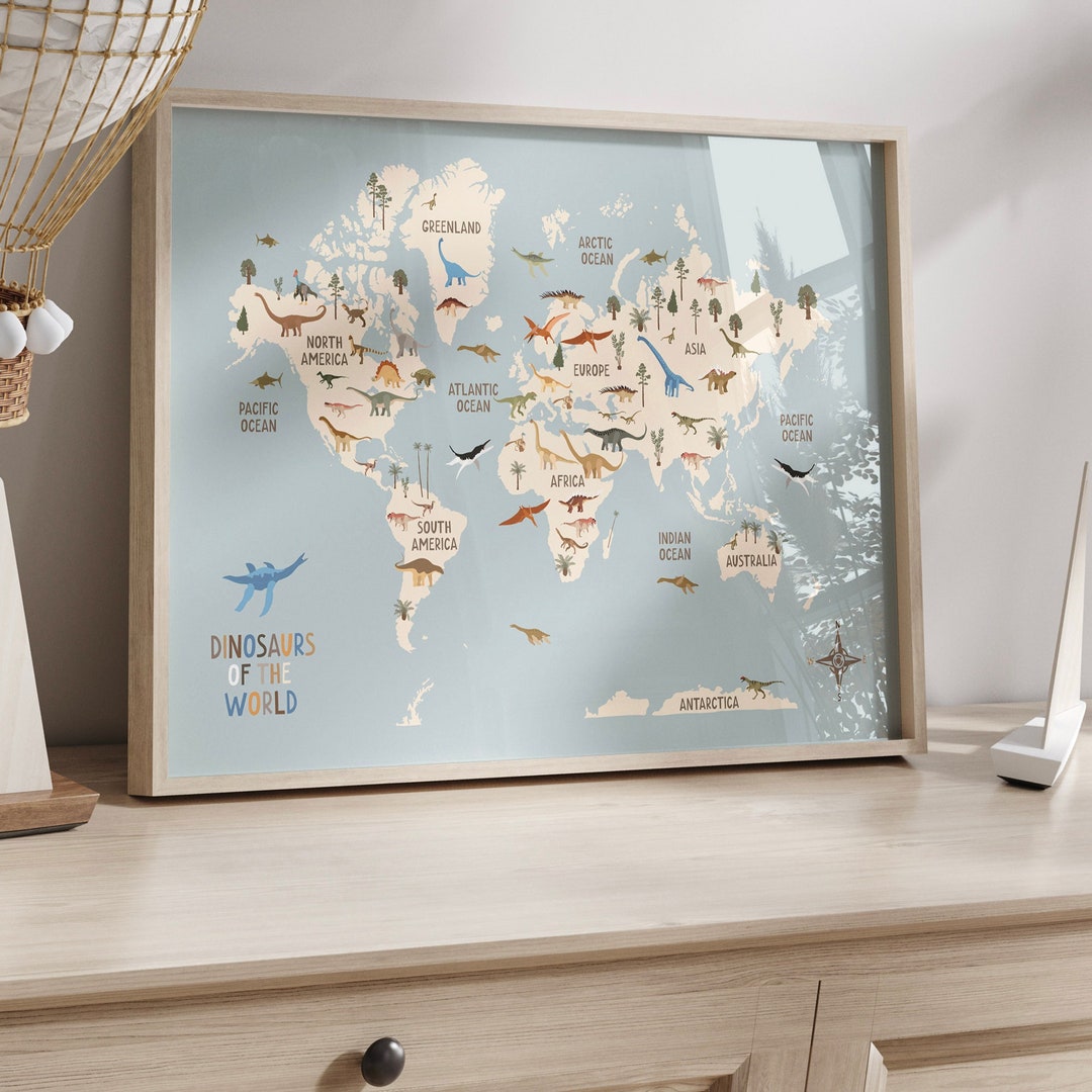 Dinosaur World Map Print, Dinosaurs of the World Classroom Art, Educational Poster, Jurassic ...