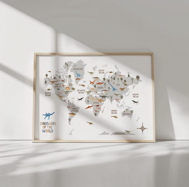 Dinosaur World Map Print, Dinosaurs of the World Classroom Art ...