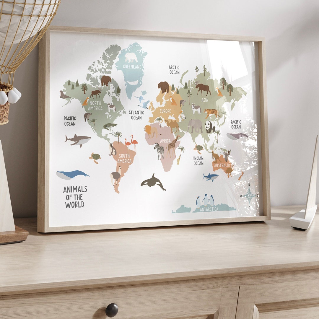 Animals World Map, Kids Animal World Map Printable, UPDATED World Map ...
