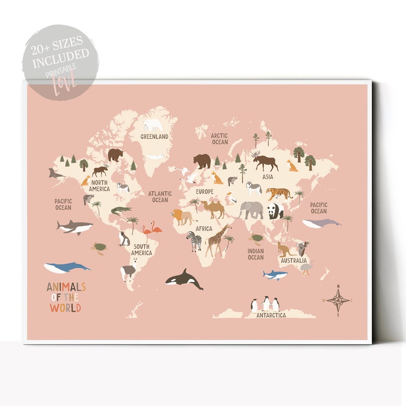 Animals World Map Kids Animal World Map Printable UPDATED - Etsy Australia