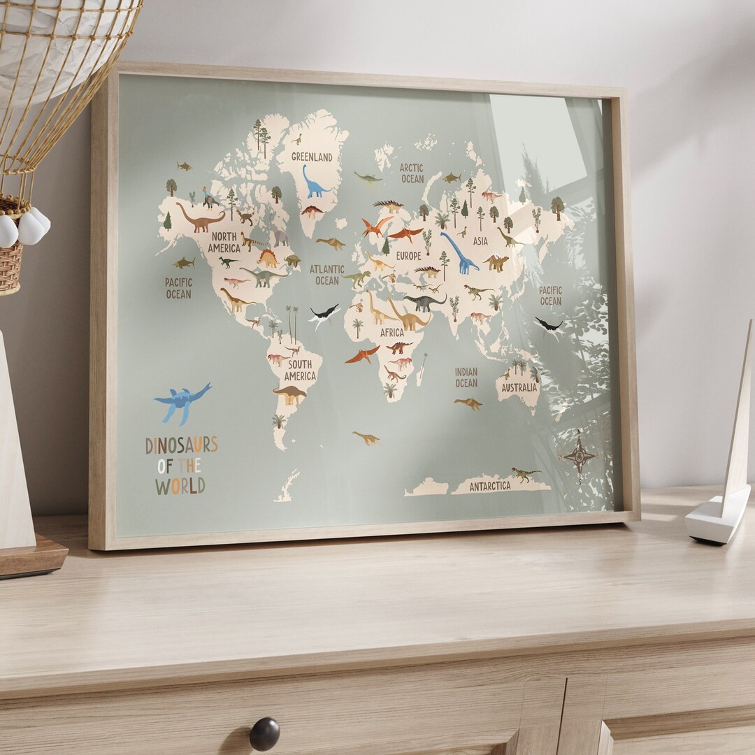 Dinosaur World Map Print, Dinosaurs of the World Classroom Art ...