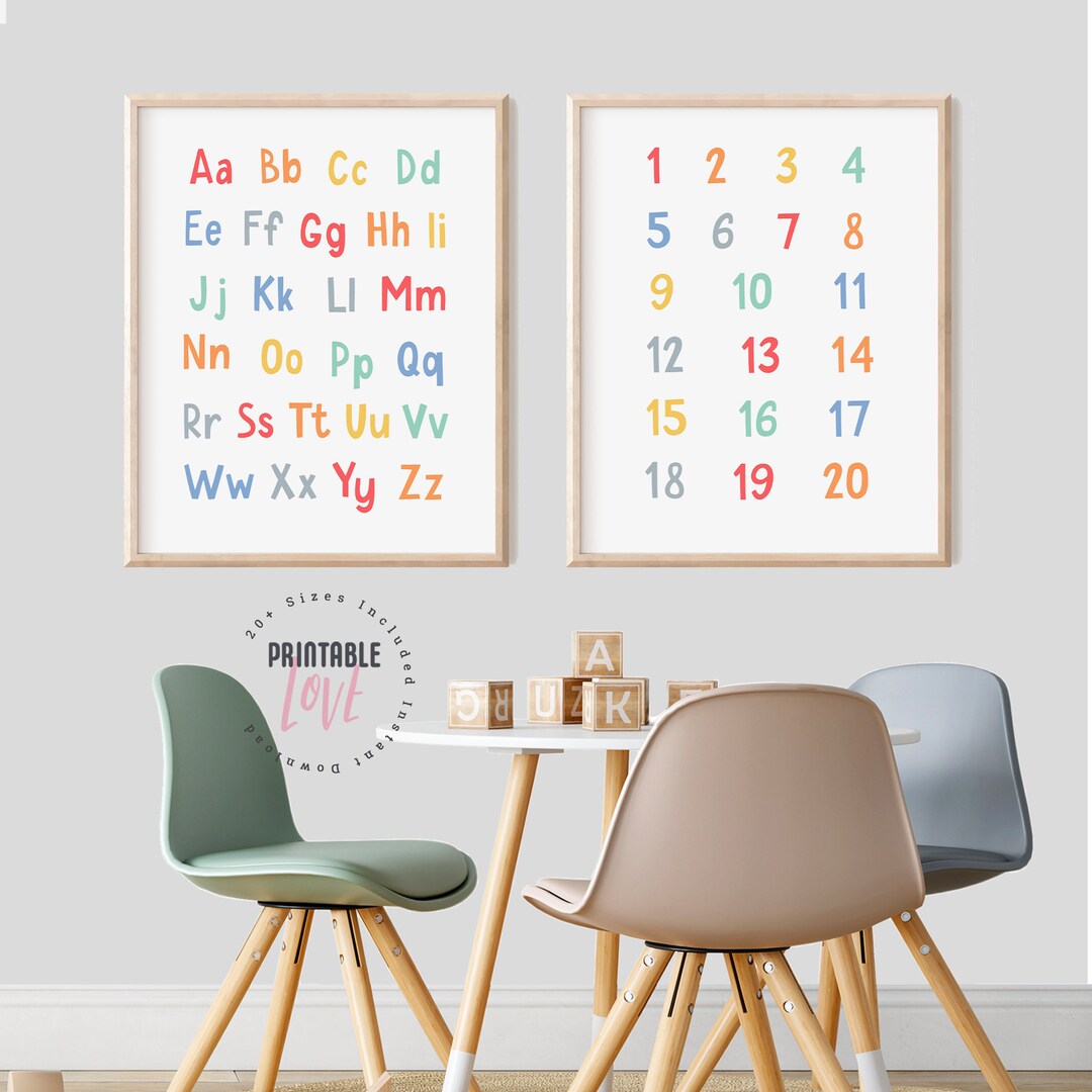 Set of 2: Alphabet Poster, Numbers Poster 1-20, Playroom Wall Decor ...