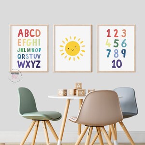 Set of 3 Educational Prints, Alphabet Numbers Sunshine Printable Art ...