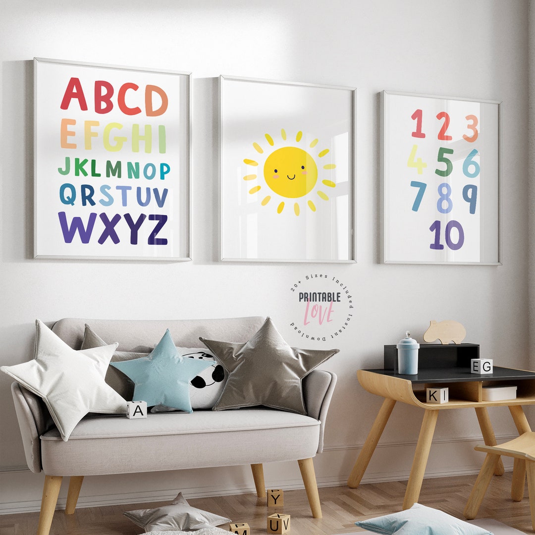 Set of 3 Educational Prints, Alphabet Numbers Sunshine Printable Art ...