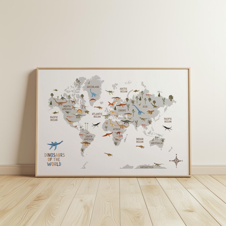 Dinosaur World Map Print, Dinosaurs of the World Classroom Art ...