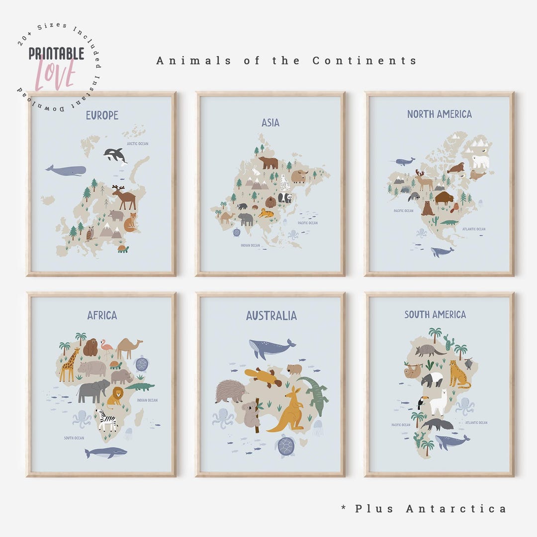Educational Map Printable, Set of 7 Prints, Animals World Map ...