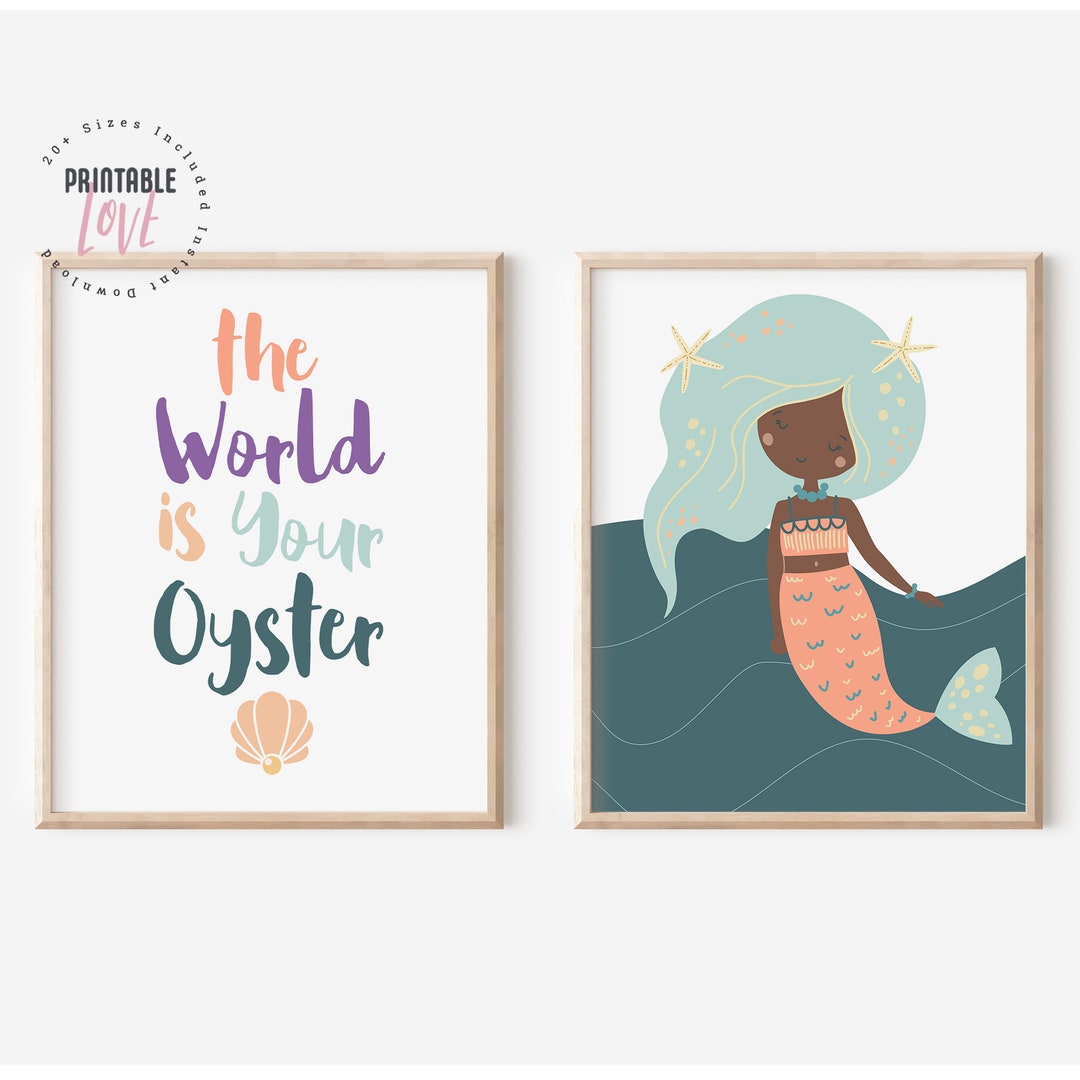 The World is Your Oyster Mermaid Print Set of 2, Mermaid Bedroom Decor ...
