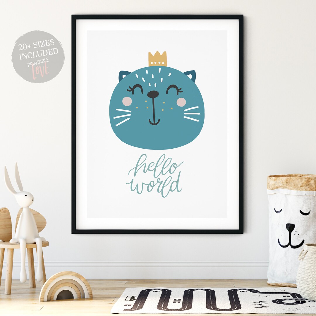 Hello World Cat Print Kids Room Decor Kids Wall Art Nursery - Etsy