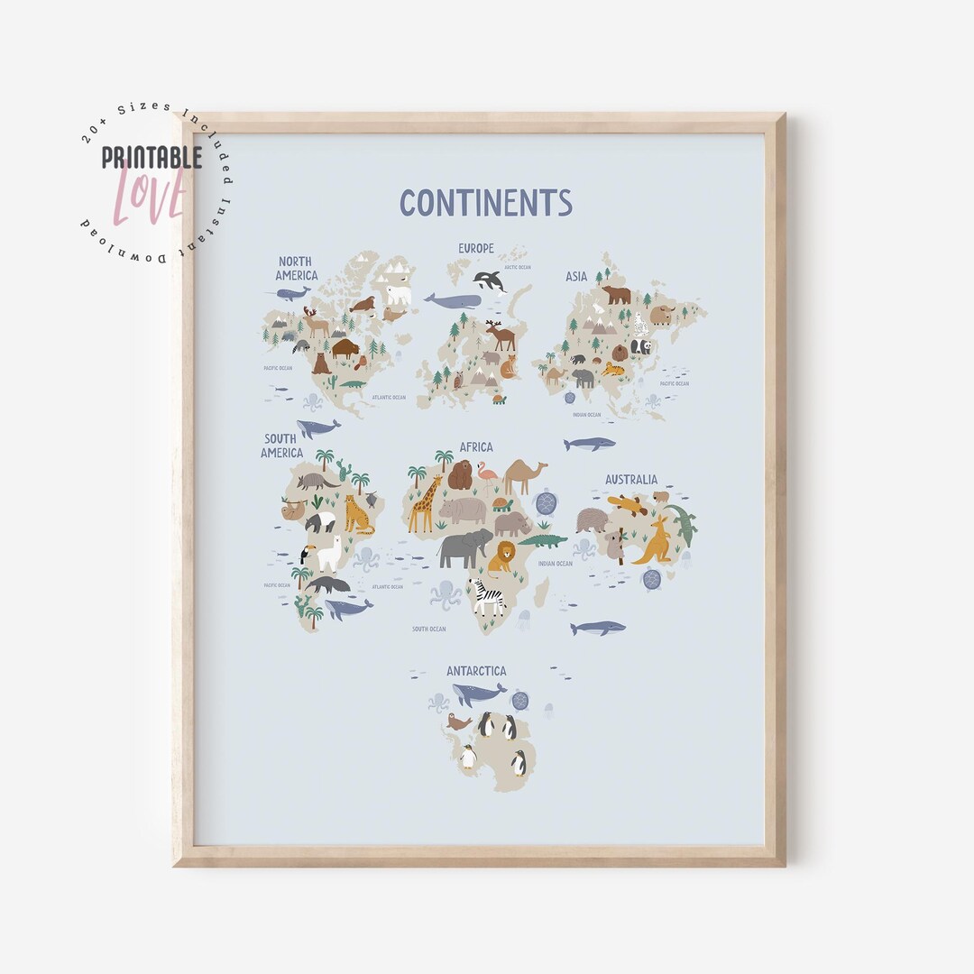 Animals World Map, Continents Kids Animal World Map Printable, UPDATED ...