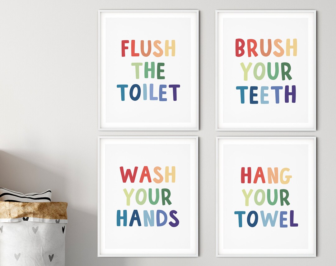 Kids Rainbow Bathroom Art Set Flush the Toilet Brush Your - Etsy