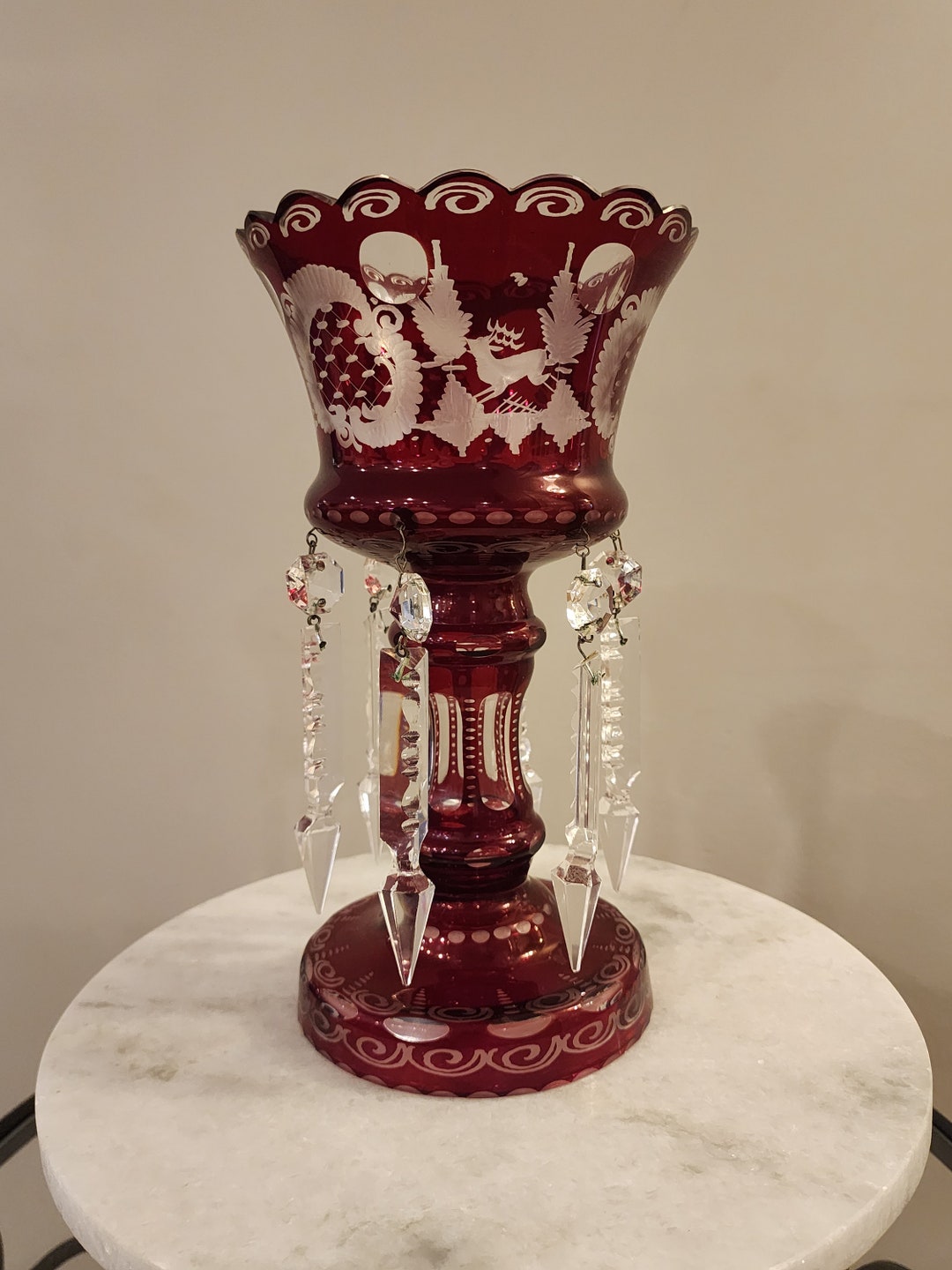 Bohemian Ruby Red Etched Glass Mantle Luster - Etsy