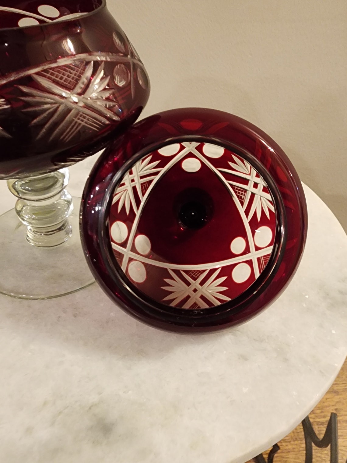 Romanian Bohemian Ruby Red Cut to Clear Glass Candy Dish, Bowl With Lid ...