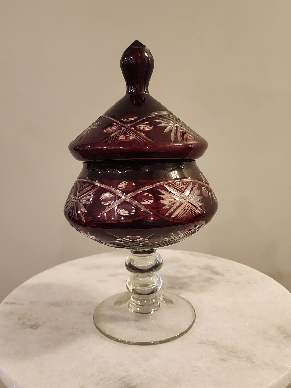 Romanian Bohemian Ruby Red Cut to Clear Glass Candy Dish, Bowl With Lid ...