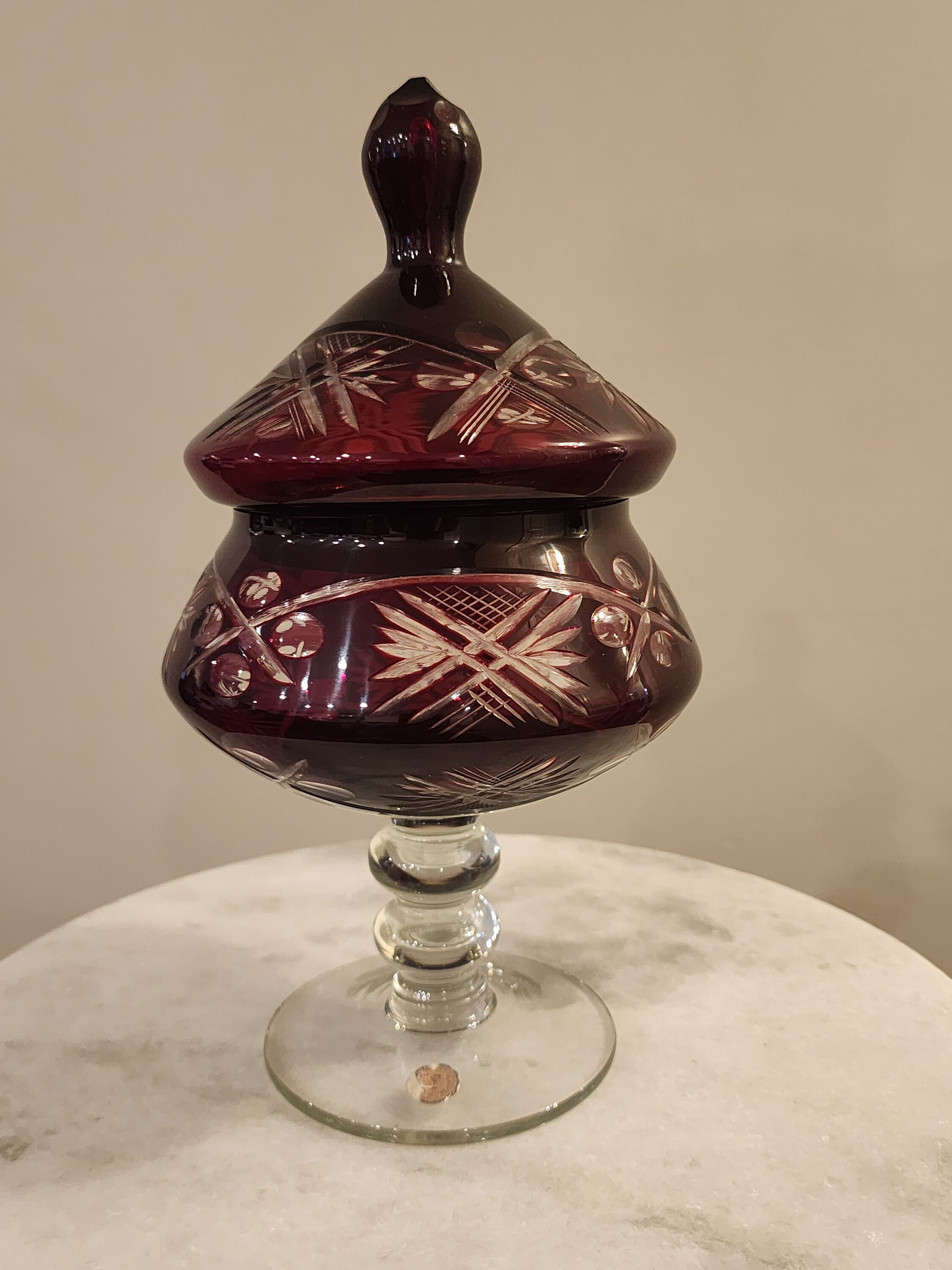 Romanian Bohemian Ruby Red Cut to Clear Glass Candy Dish, Bowl With Lid ...
