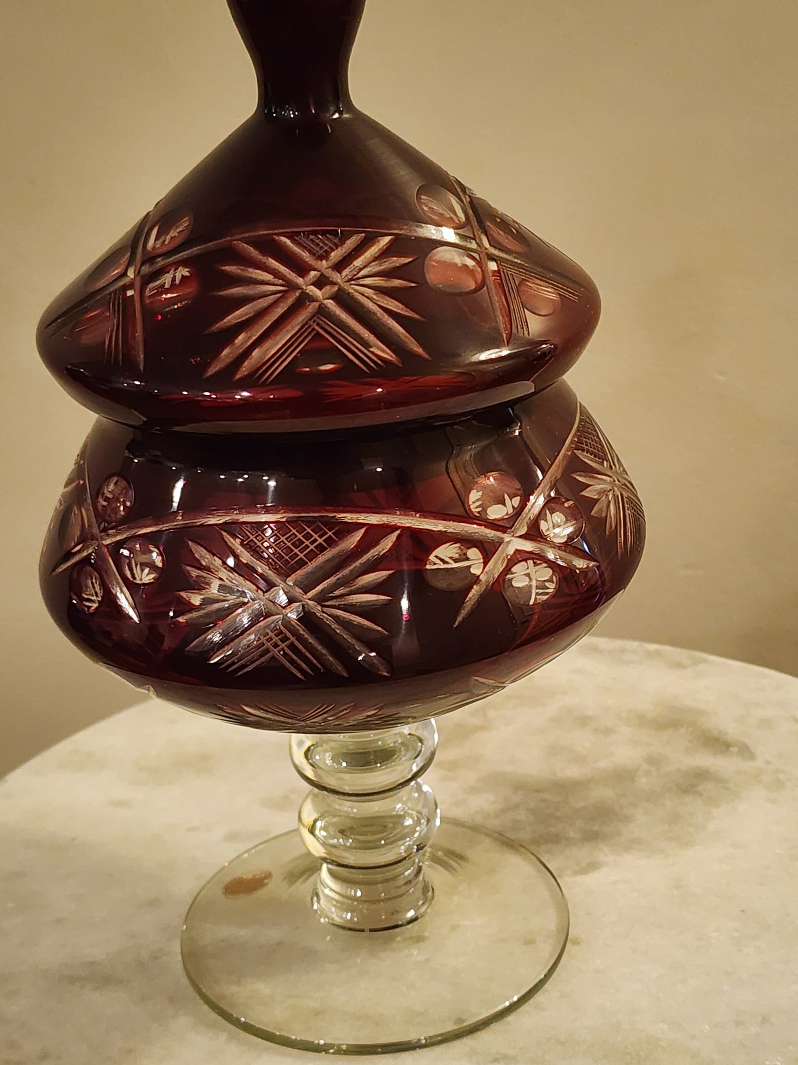 Romanian Bohemian Ruby Red Cut to Clear Glass Candy Dish, Bowl With Lid ...