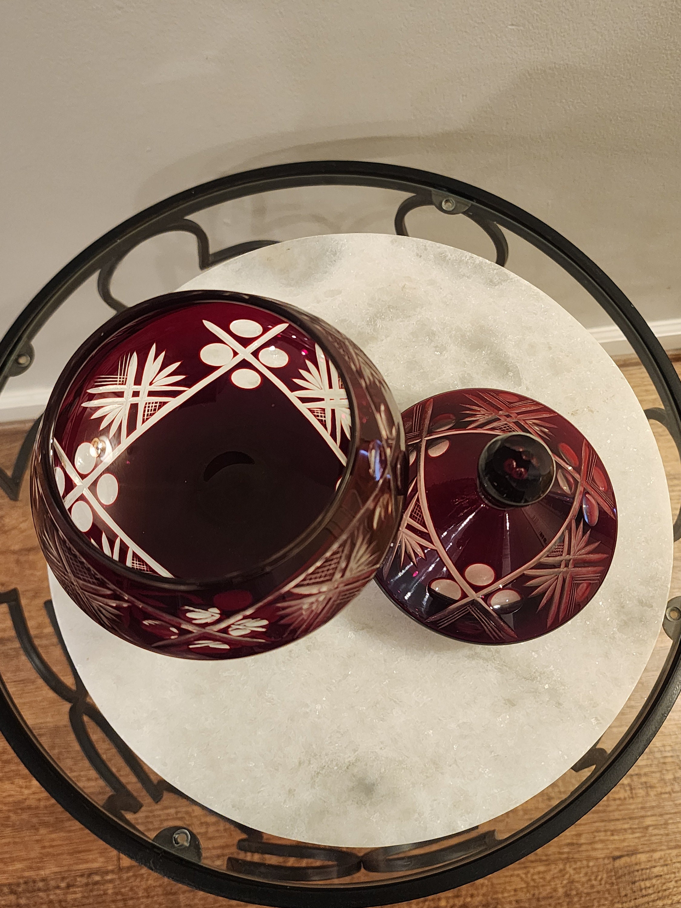 Romanian Bohemian Ruby Red Cut to Clear Glass Candy Dish, Bowl With Lid ...