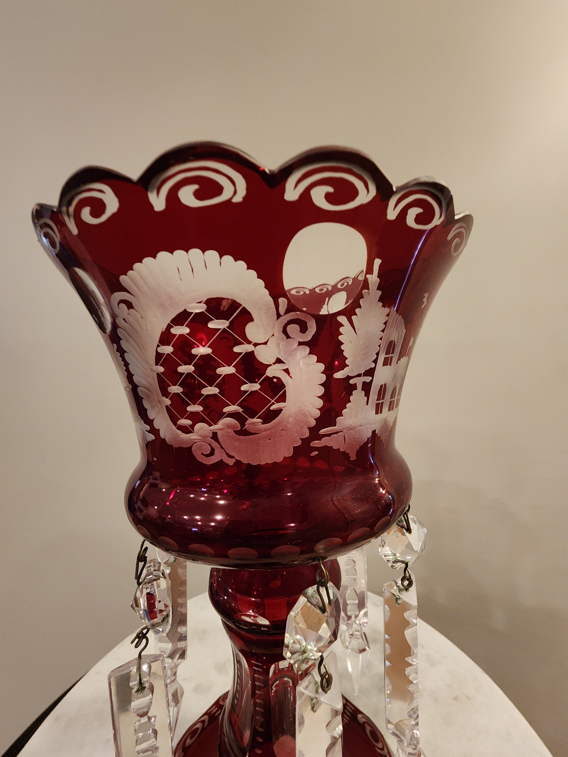 Bohemian Ruby Red Etched Glass Mantle Luster - Etsy