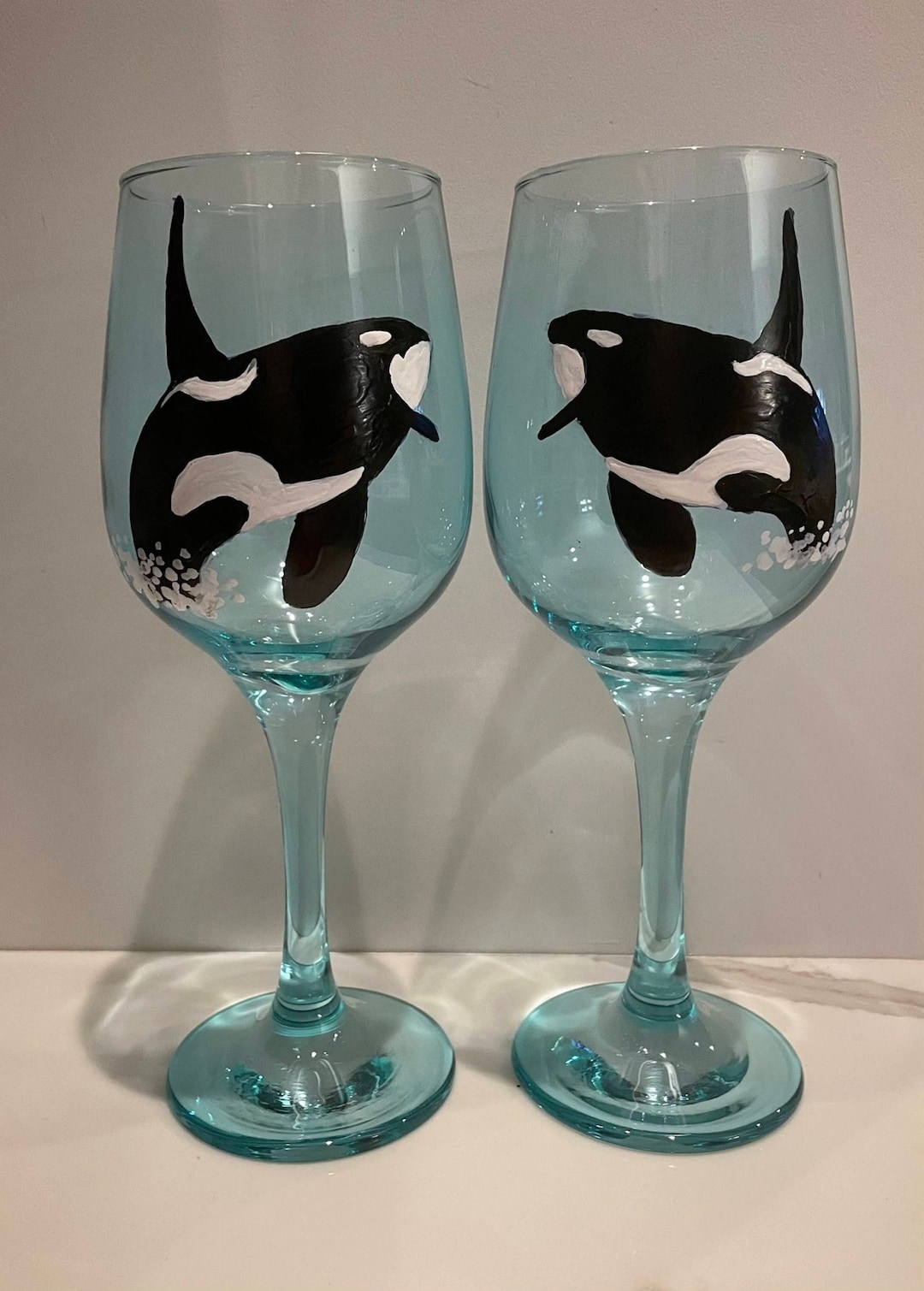 Teal Orca Killer Whale Wine Glasses 16 Oz., Original Hand-painted, Gift ...