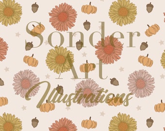 Teal and Peach Pumpkin Floral Pattern – Fall Harvest Decor, Seamless ...