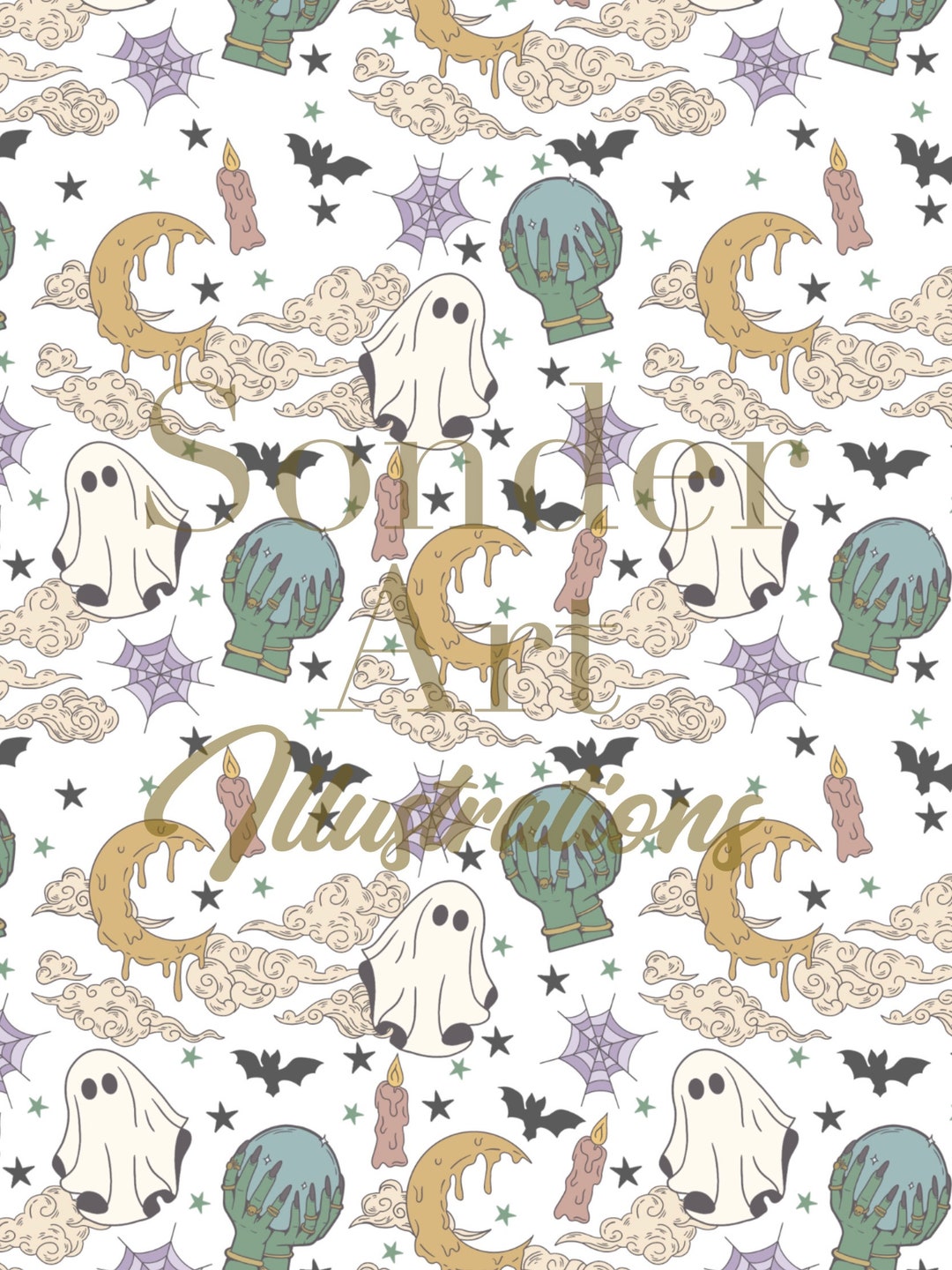 Ghost and Moon Halloween Seamless Pattern Print White Background - Etsy