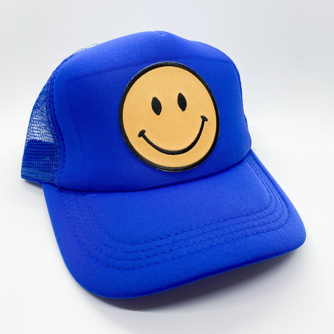 Royal Blue Happy Face Trucker Hat | Smile Patch Hat | Keep Smiling Hat ...