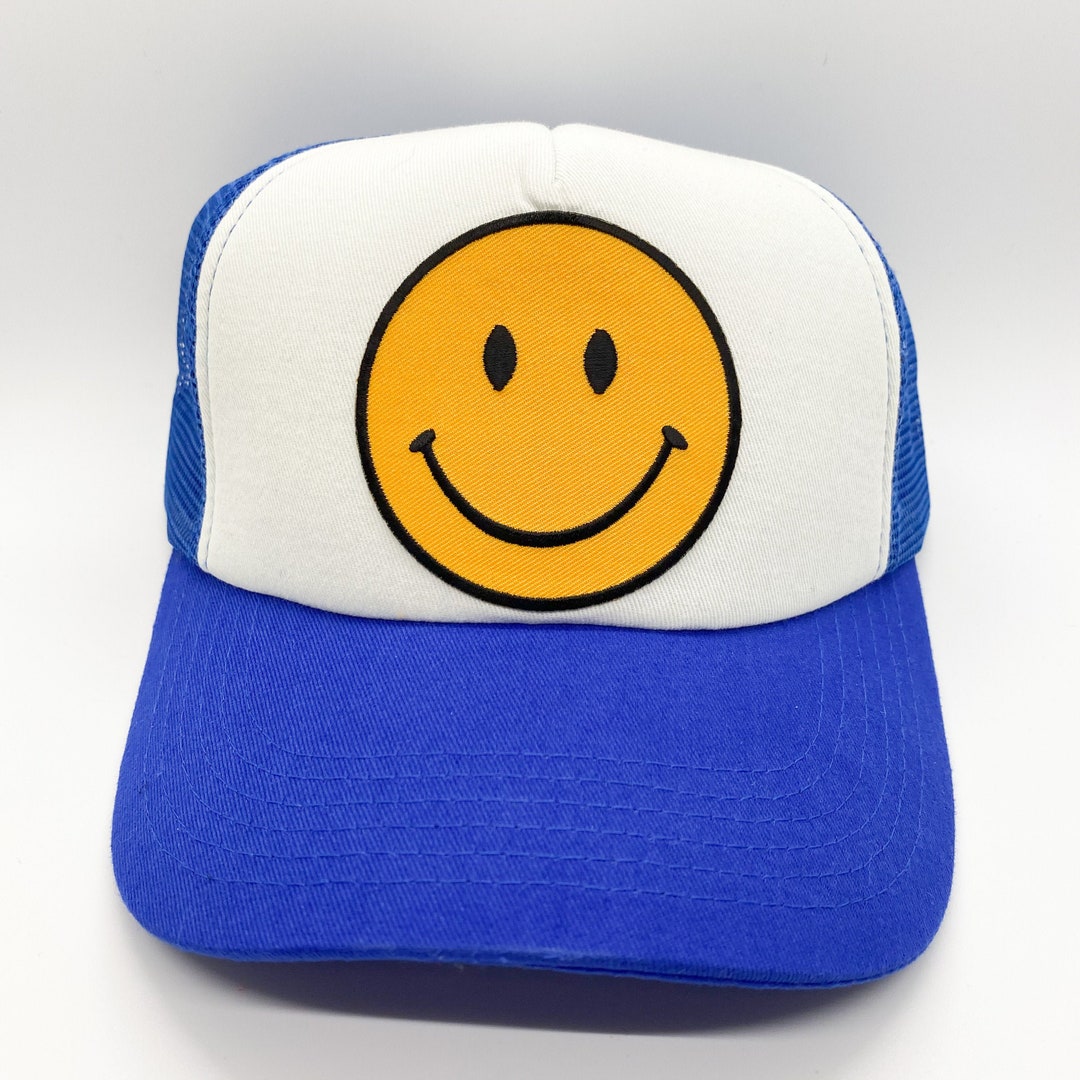 Royal Blue & White Happy Face Trucker Hat | Smile Patch Hat | Keep ...