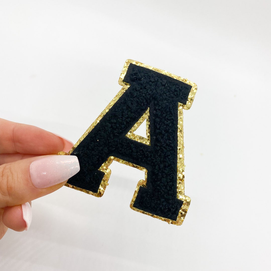 IRON ON 2.5 Black Varsity Glitter Letter Chenille Initial Patch Gold ...