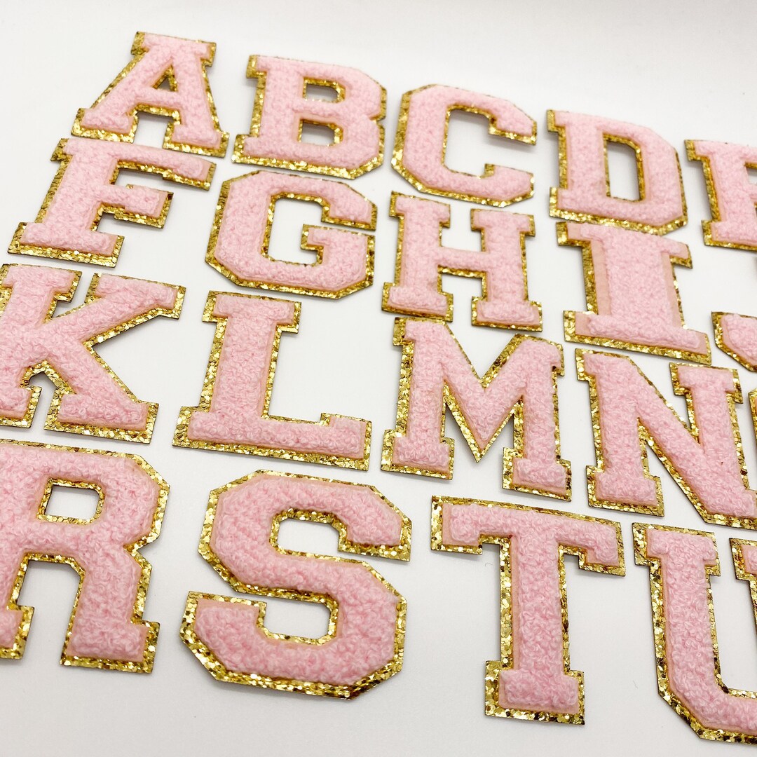 IRON ON 2 Baby Pink Varsity Glitter Letter Chenille Initial Patch 2 ...