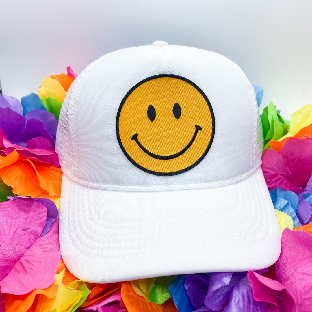 White Happy Face Trucker Hat | Smile Patch Hat | Keep Smiling Hat ...