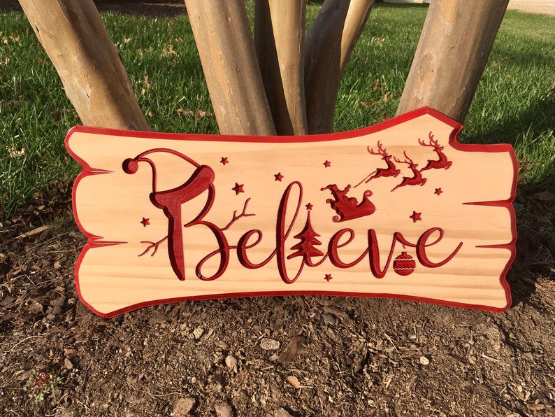 BELIEVE in the Magic of Christmas Log Holiday Sign Carved - Etsy