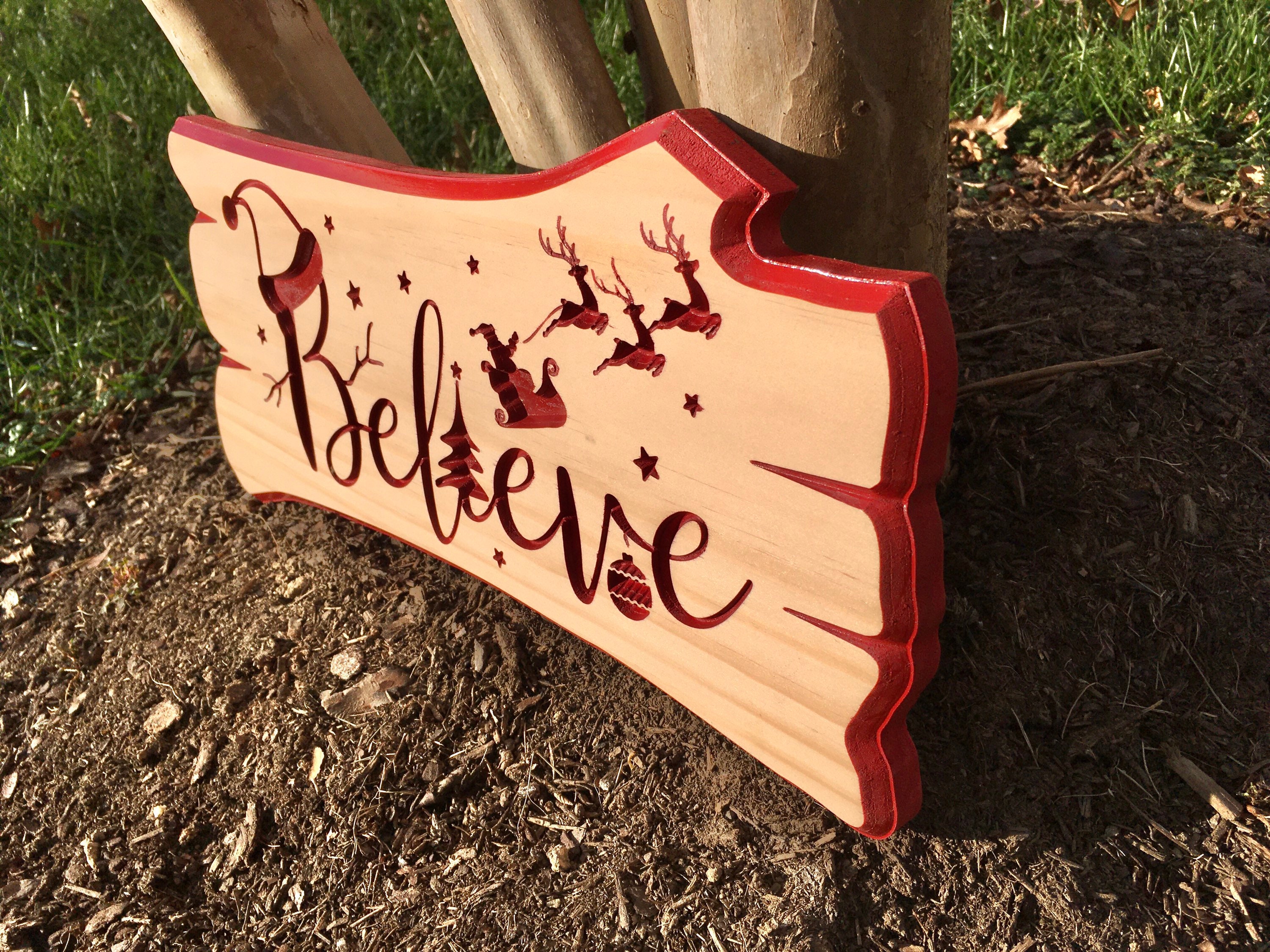 BELIEVE in the Magic of Christmas Log Holiday Sign Carved | Etsy