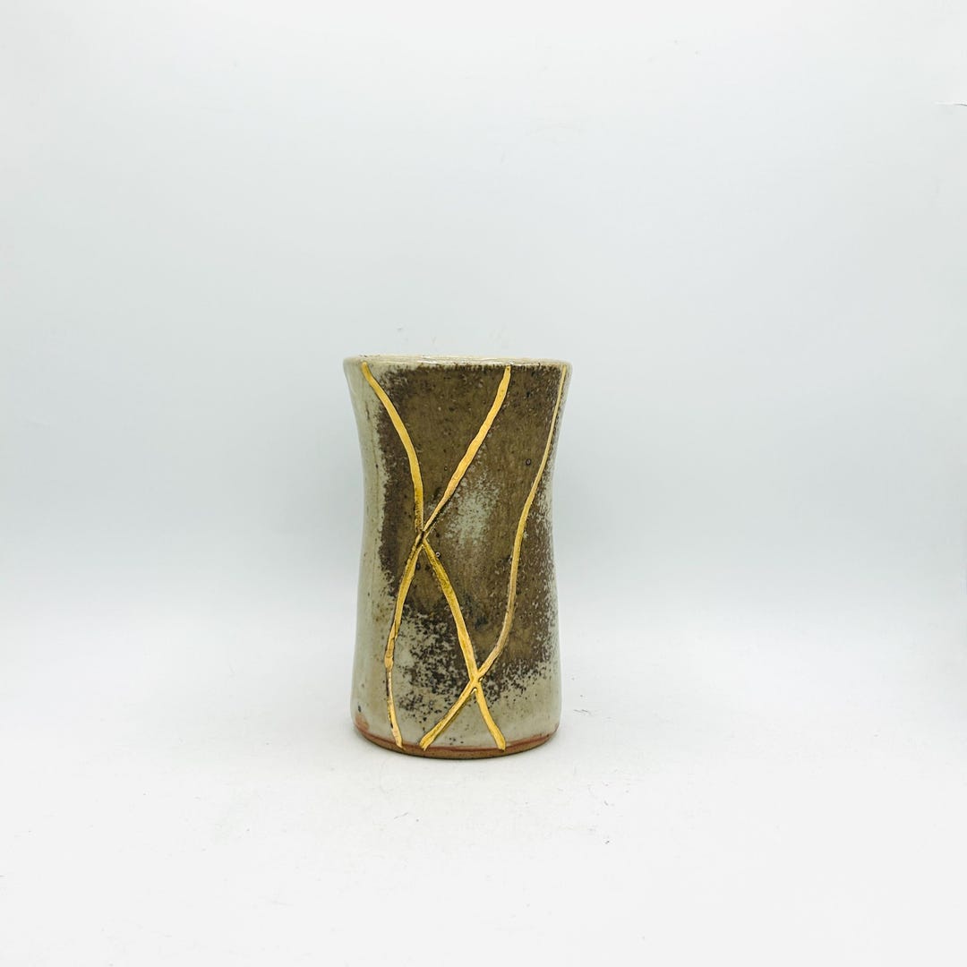 Faux Kintsugi Shino With Wood Ash & Gold 6” Tall Ceramic Vase With Gold ...