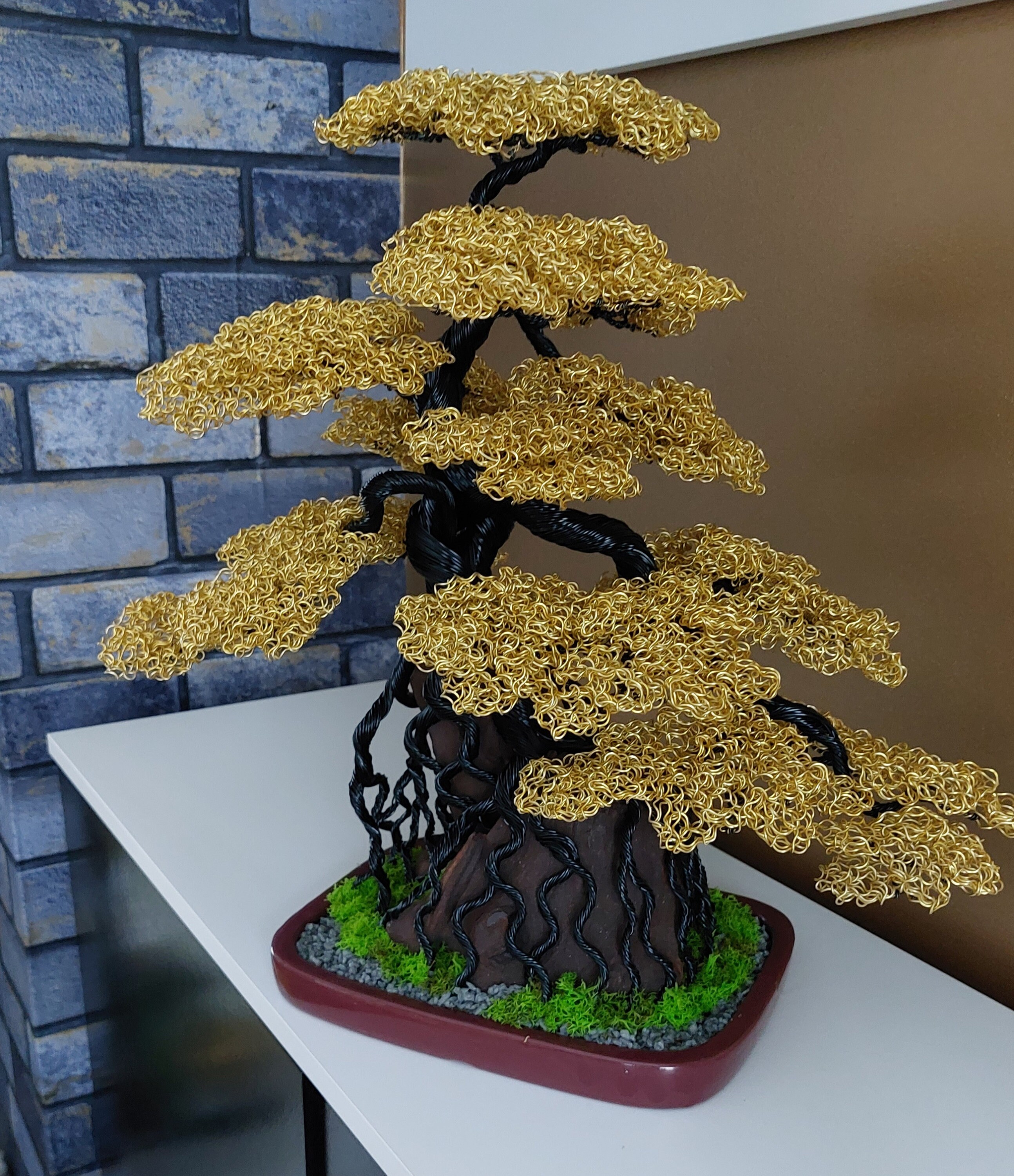 Large Gold Leaves Wire Bonsai Tree Sculpture Attached to Wood. - Etsy