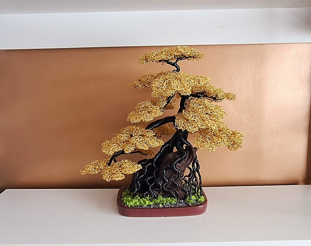 Large Gold Leaves Wire Bonsai Tree Sculpture Attached to Wood. - Etsy