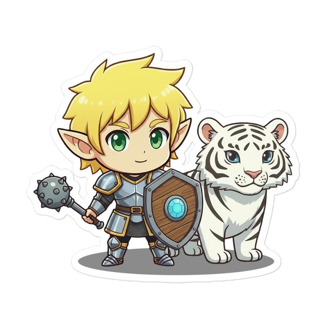 Chibi Fantasy Tank Elf & Tiger Vinyl Sticker – Rpg-inspired Guardian ...