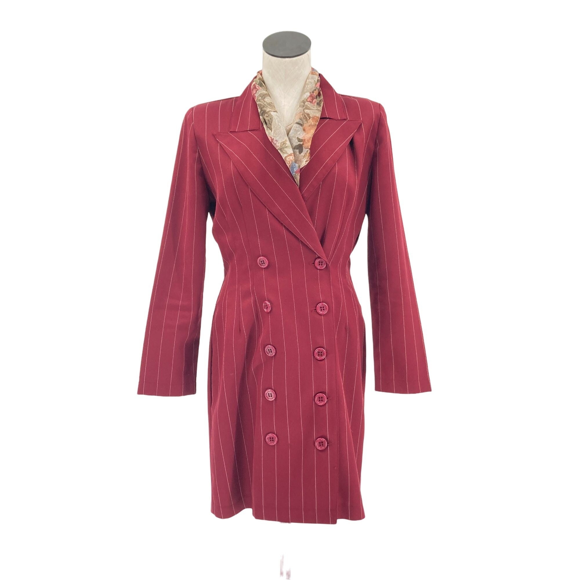 1970s Maroon Suit Dress Pinstriped Medium Floral Ascot Scarf 1980s ...