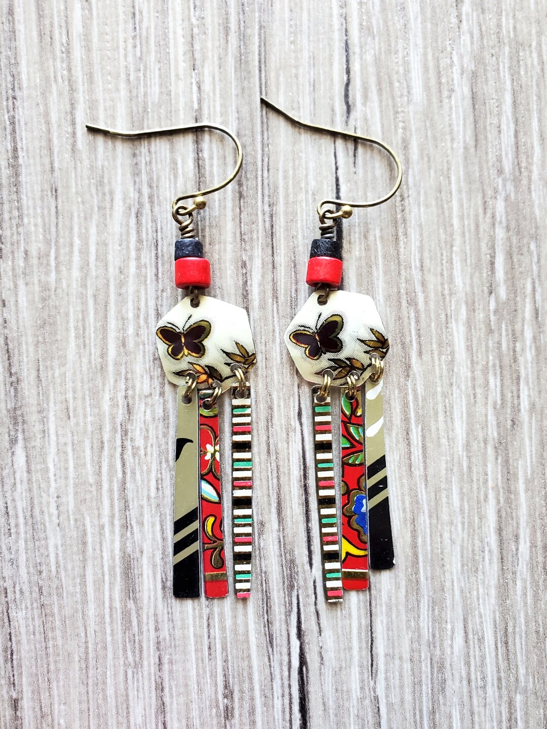 Vintage Tin Earrings Butterfly Medley Collage Earrings With Stick ...