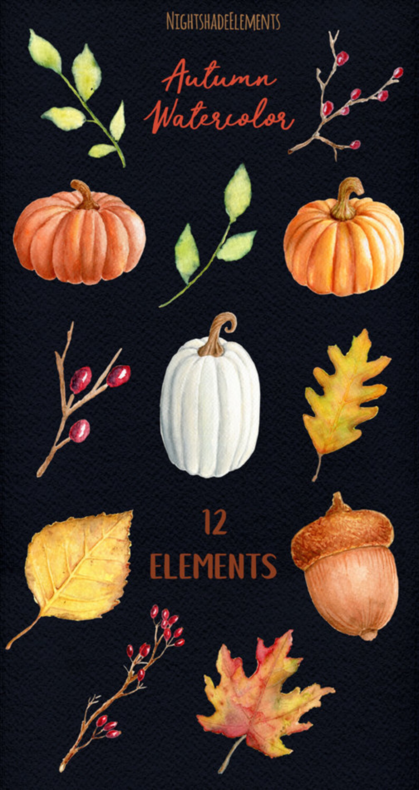 Watercolor Autumn Clipart Pumpkin Clipart Maple Leaves Clipart | Etsy