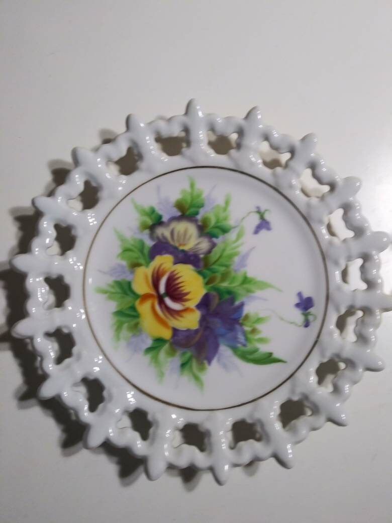 Vintage Set of 2 Hand Painted Floral Decorative Plates, Reticulated ...