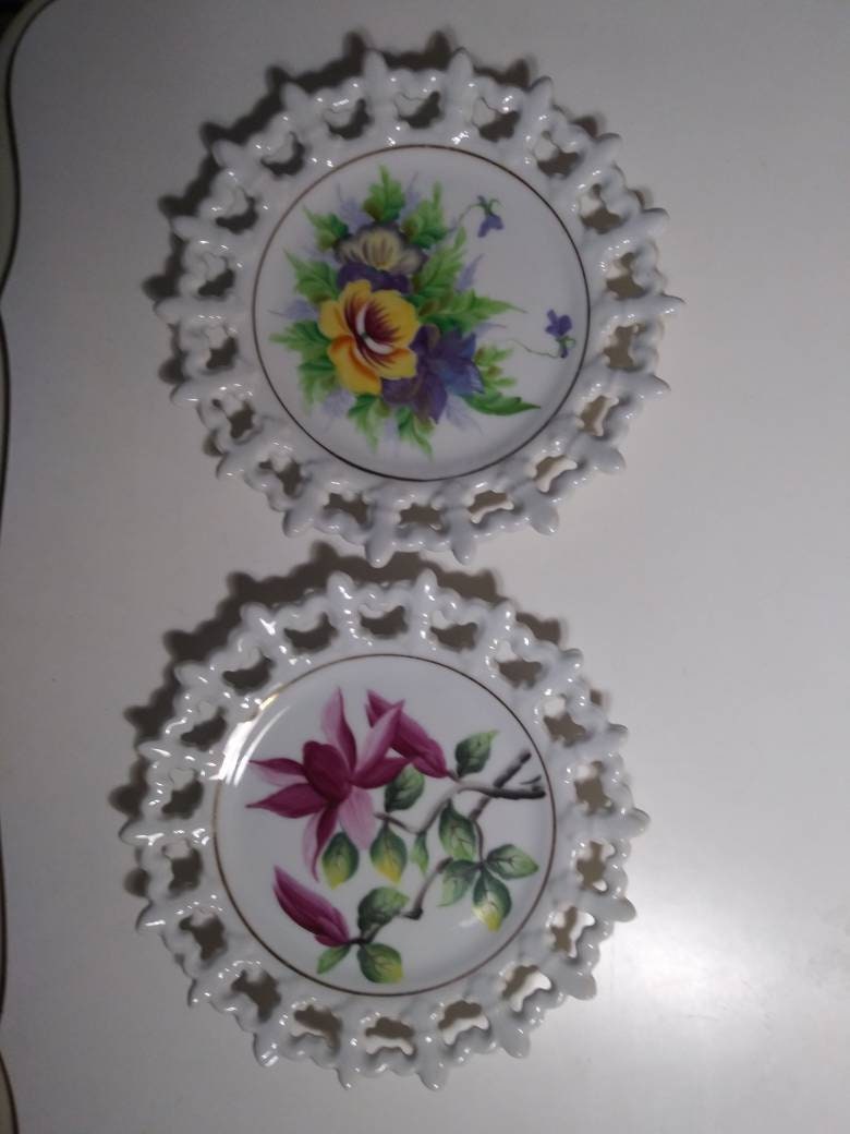 Vintage Set of 2 Hand Painted Floral Decorative Plates, Reticulated ...