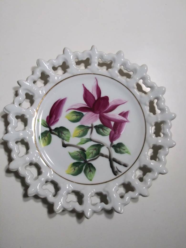 Vintage Set of 2 Hand Painted Floral Decorative Plates, Reticulated ...
