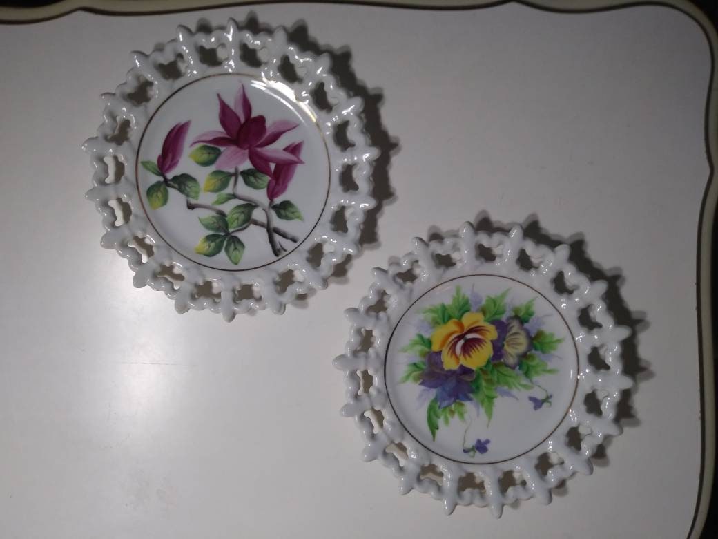 Vintage Set of 2 Hand Painted Floral Decorative Plates, Reticulated ...