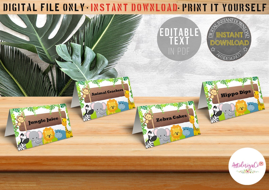 EDITABLE Safari Animals Tent Card | Jungle Animals Food Label | Party ...