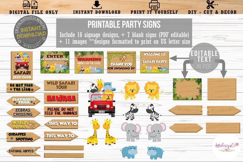 Safari Animals Party Signs Decorations, Jungle Party Welcome Signages ...