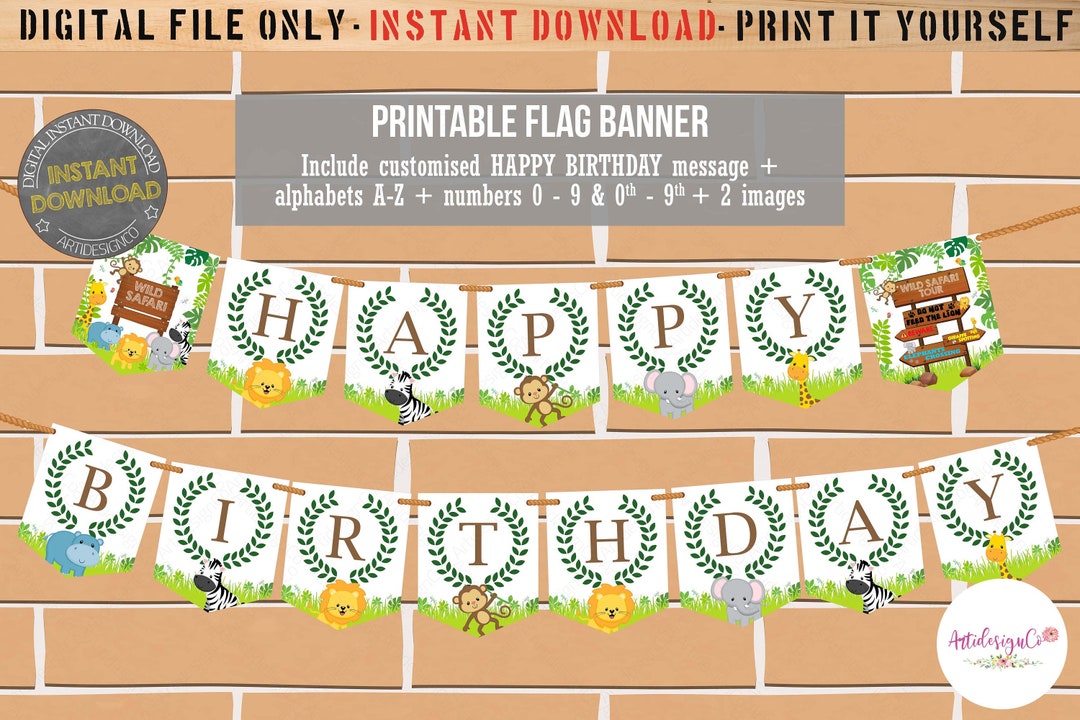 Safari Animals Happy Birthday Flag Banner | Jungle Animal Flag Bunting ...