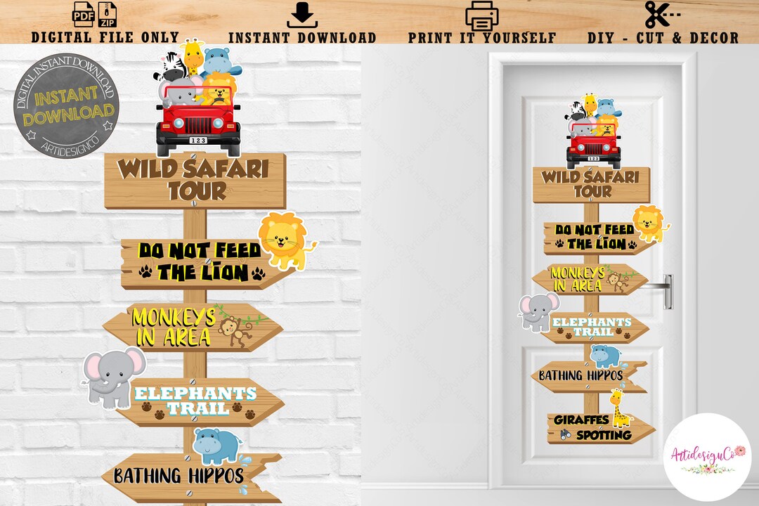 Safari Animals Party Signs Decorations, Jungle Party Welcome Signages ...