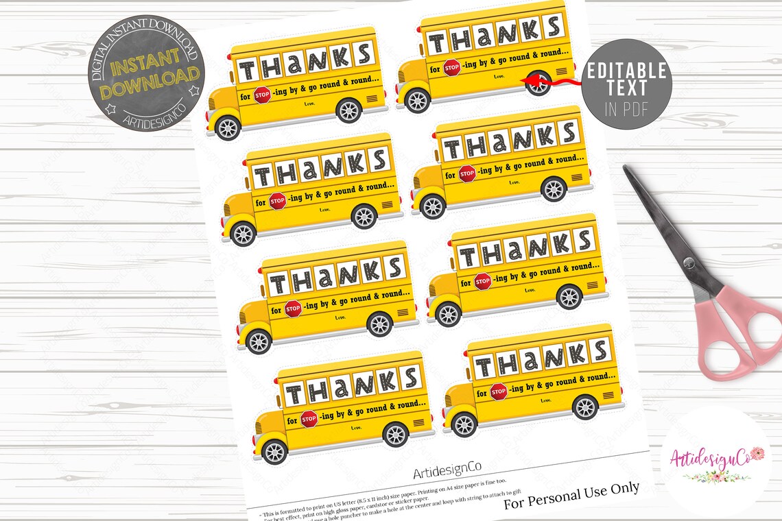 Wheels on the Bus Gift Tag, Cute Yellow School Bus Thank You Tag ...