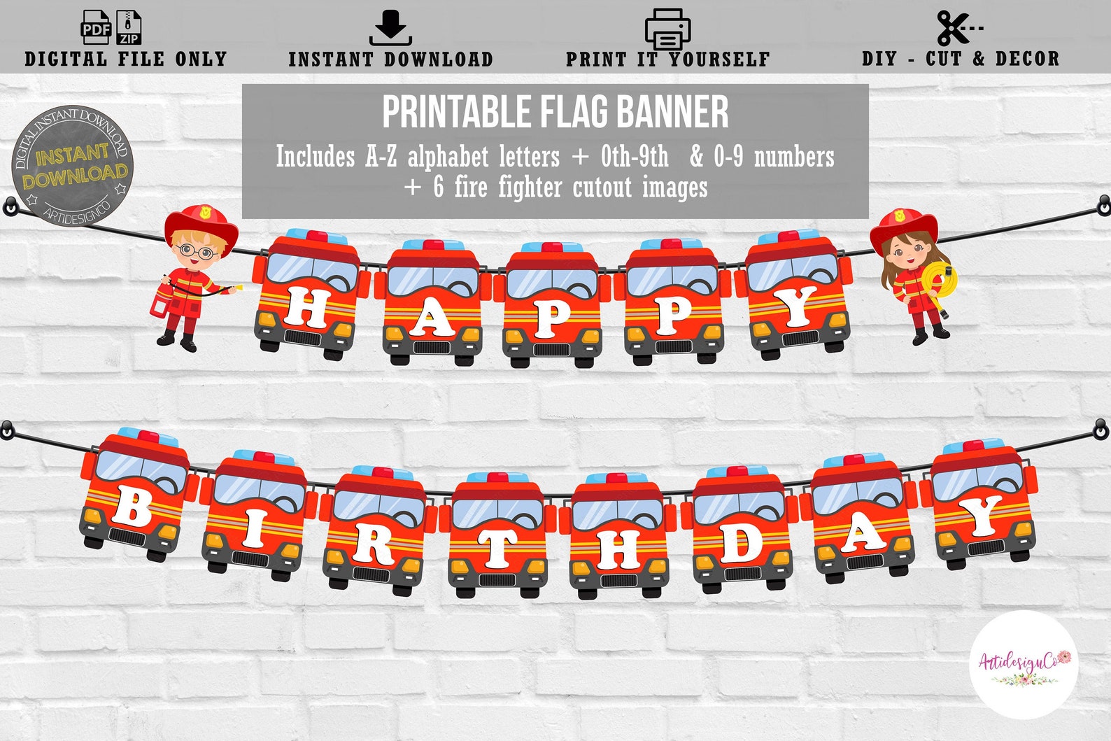 Fire Engine Happy Birthday Flag Banner, Cute Fire Fighter Flag Bunting ...