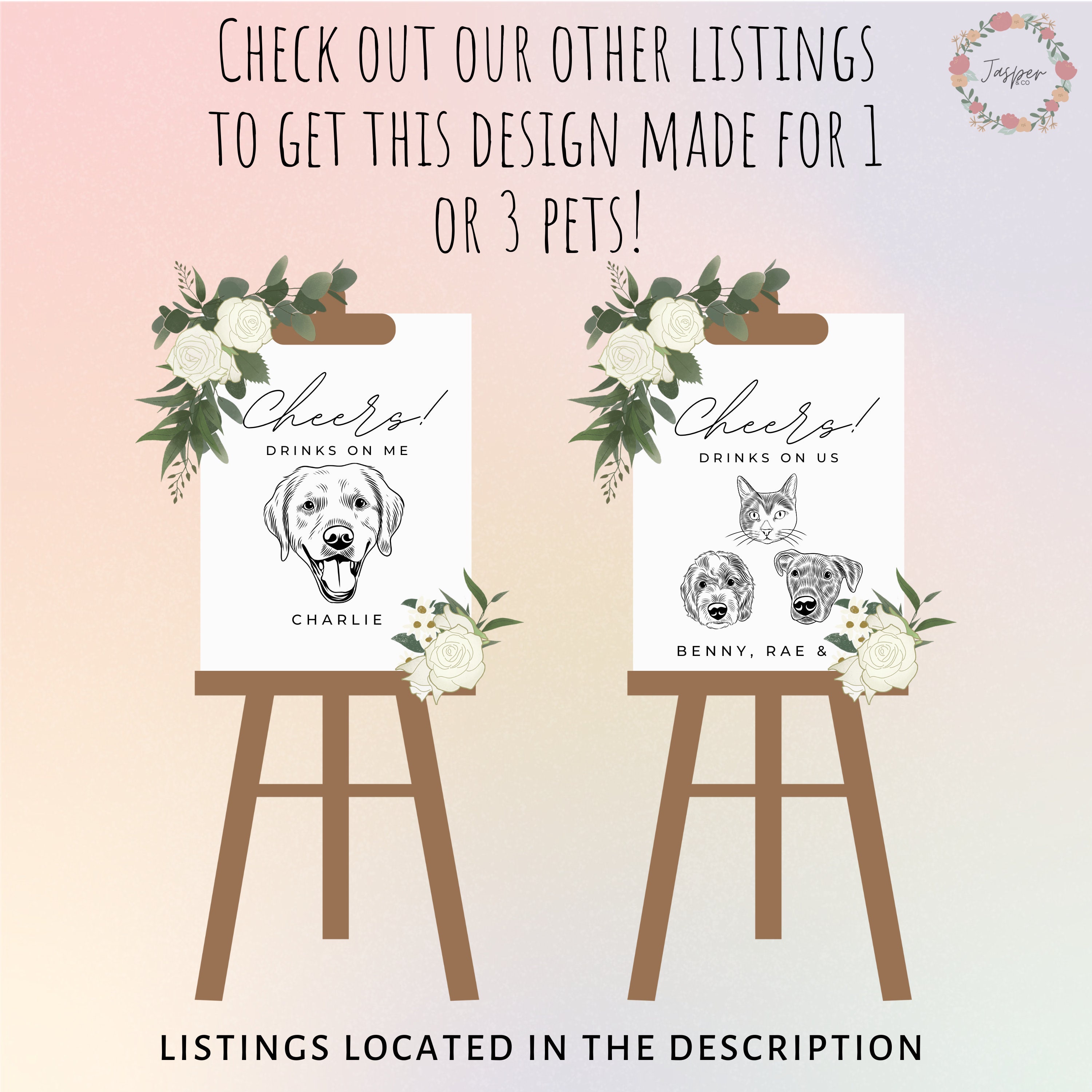 Custom Digital 2 Pet Portrait Wedding Sign, Personalized Open Bar Sign ...