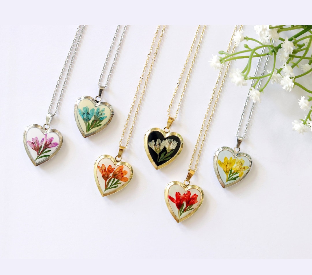 Handmade Pressed Flower Lily Heart Locket Necklace, Floral Sterling ...